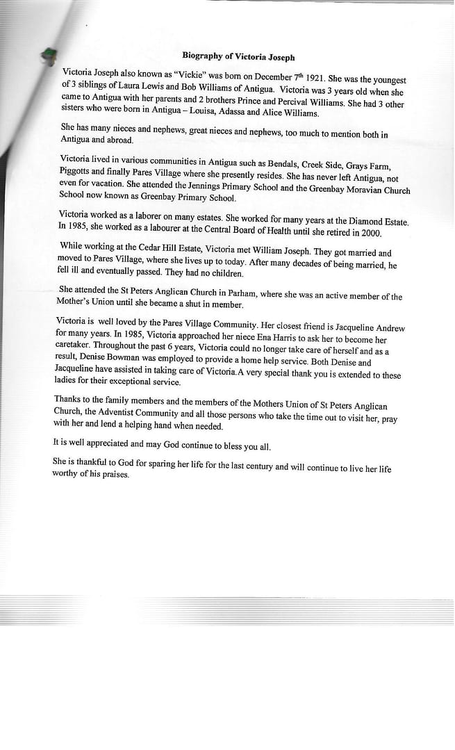 Mrs. Victoria "Vicky" Joseph is celebrating her 100th birthday today ...