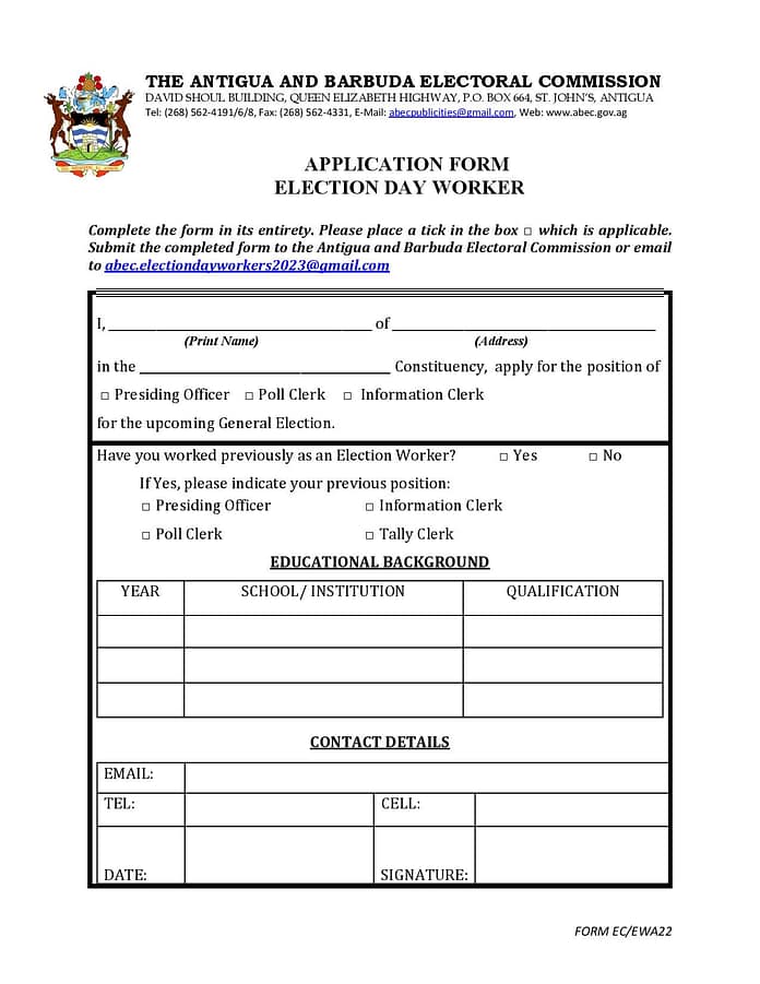 Application Forms for Election Day Workers - Antigua News Room