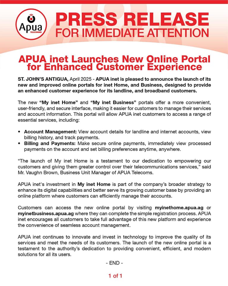APUA inet Launches New Online Portal - Antigua News Room