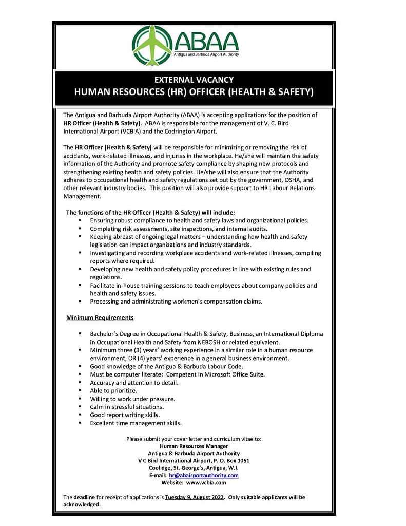 JOB VACANCY: HR Officer (Health & Safety) - Antigua News Room