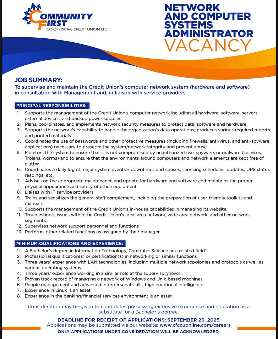 JOB VACANCY: Network and Computer Systems Administrator - Antigua News Room